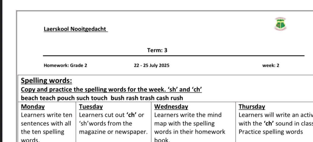 Spelling words: Copy and practice the