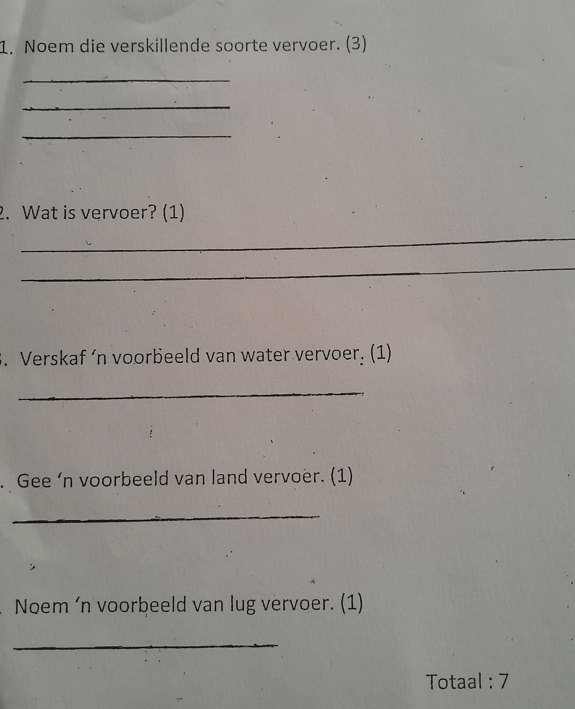 Noem die verskillende soorte vervoer. (3) 2.
