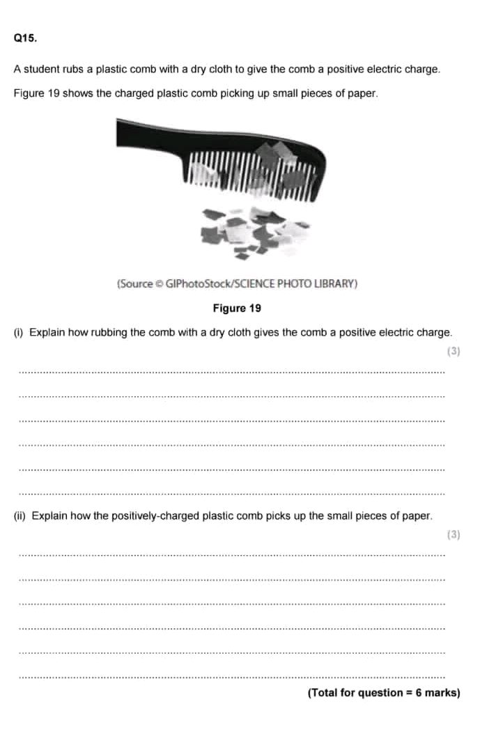 Q15. A student rubs a plastic comb with a