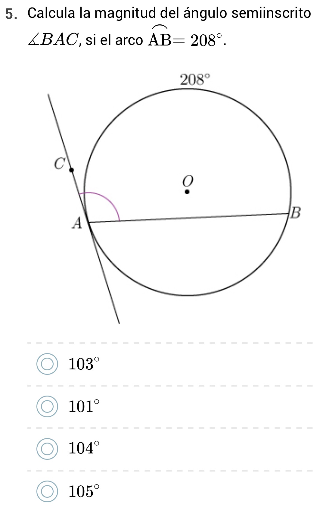 Calcula la magnitud del ángulo semiinscrito