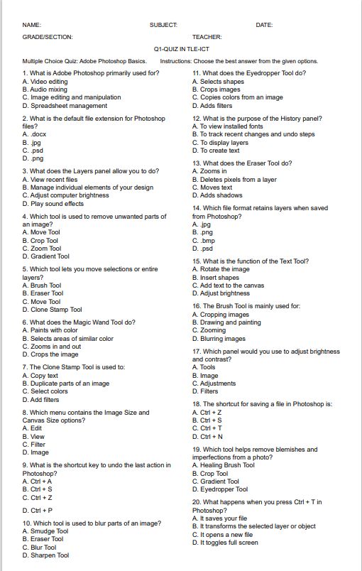 Multiple Choice Quiz: Adobe Photoshop