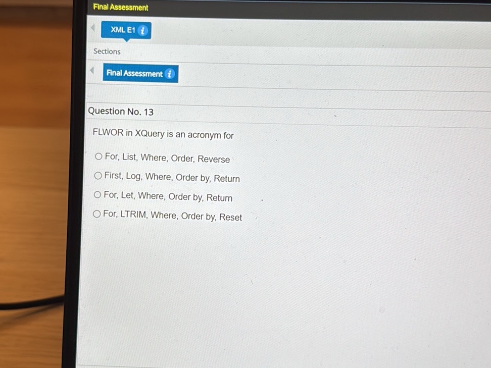 Question No. 13 FLWOR in XQuery is an | StudyX