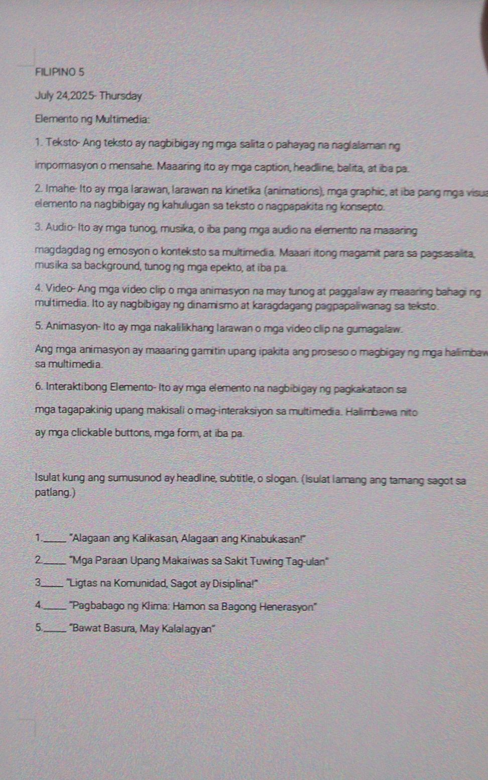 Isulat kung ang sumusunod ay headline, | StudyX