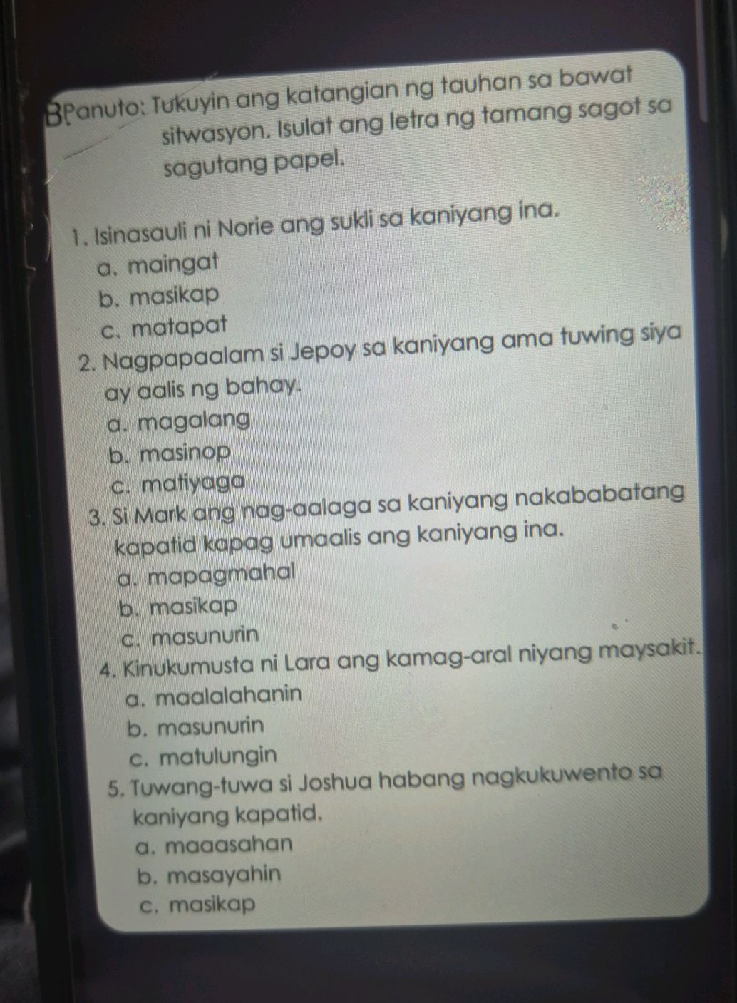 Panuto: Tukuyin ang katangian ng tauhan sa | StudyX