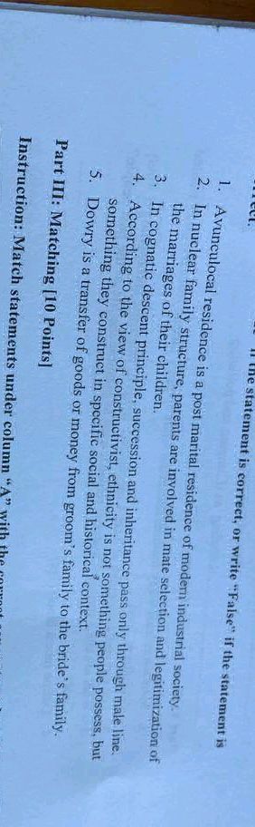 1. Avunculocal residence is a post marital | StudyX