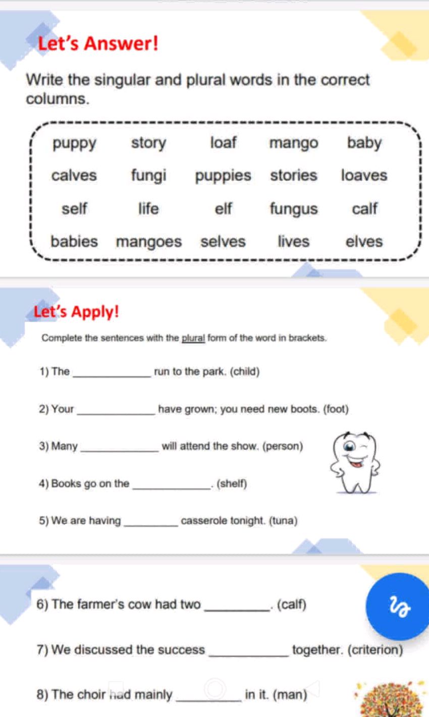 Write the singular and plural words in the | StudyX