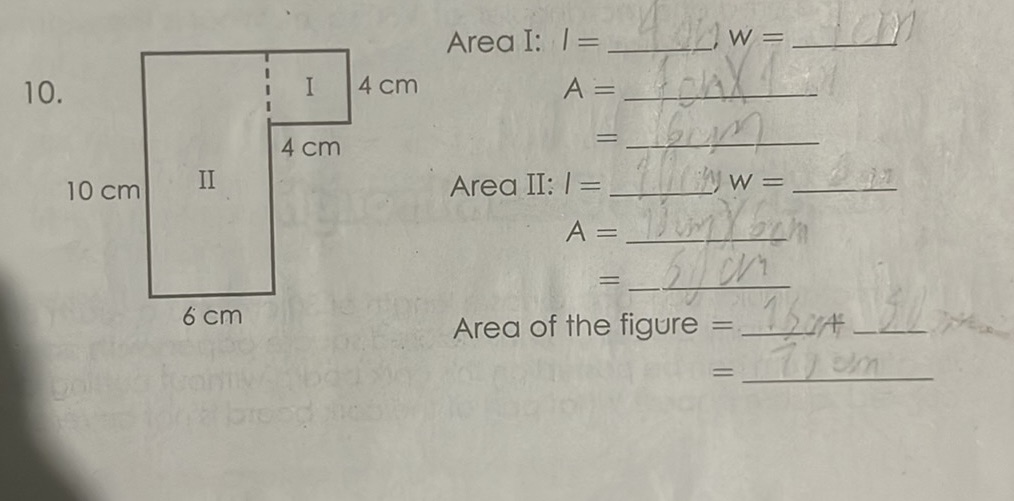 Area I: l = , w = A = = Area II: l = , w = A
