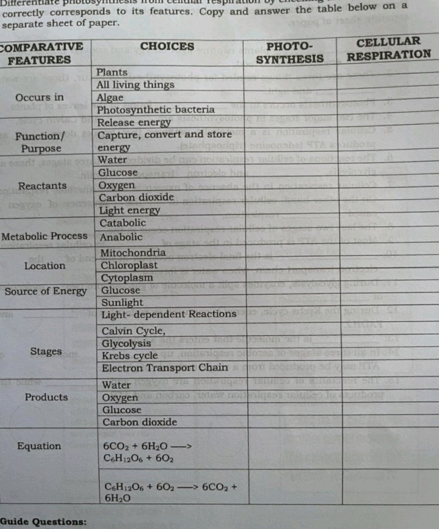 Differentiate photosynthesis from cellular
