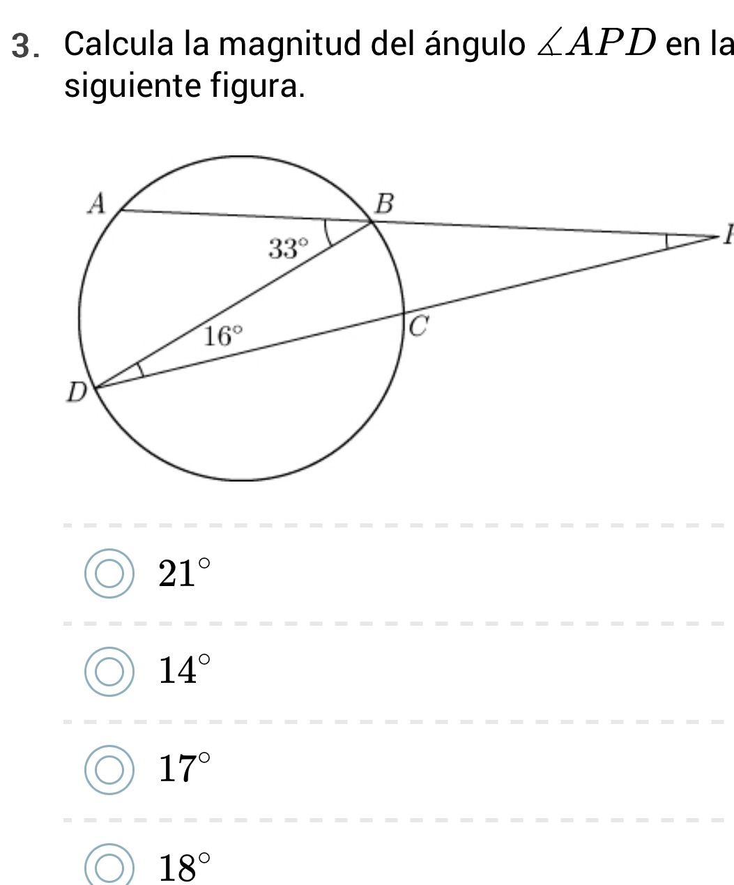 Calcula la magnitud del ángulo $ APD$ en la
