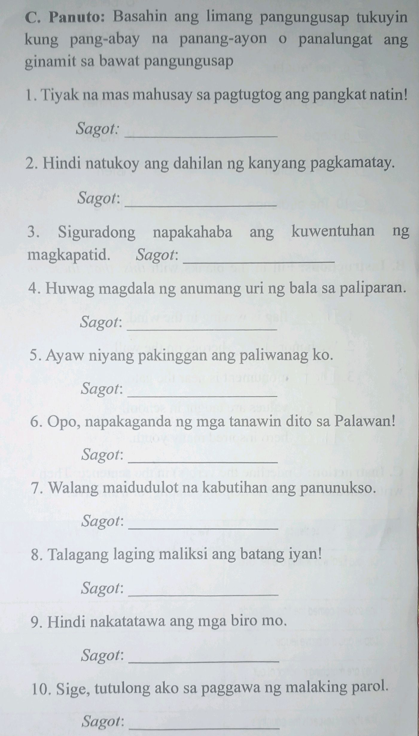 C. Panuto: Basahin ang limang pangungusap | StudyX