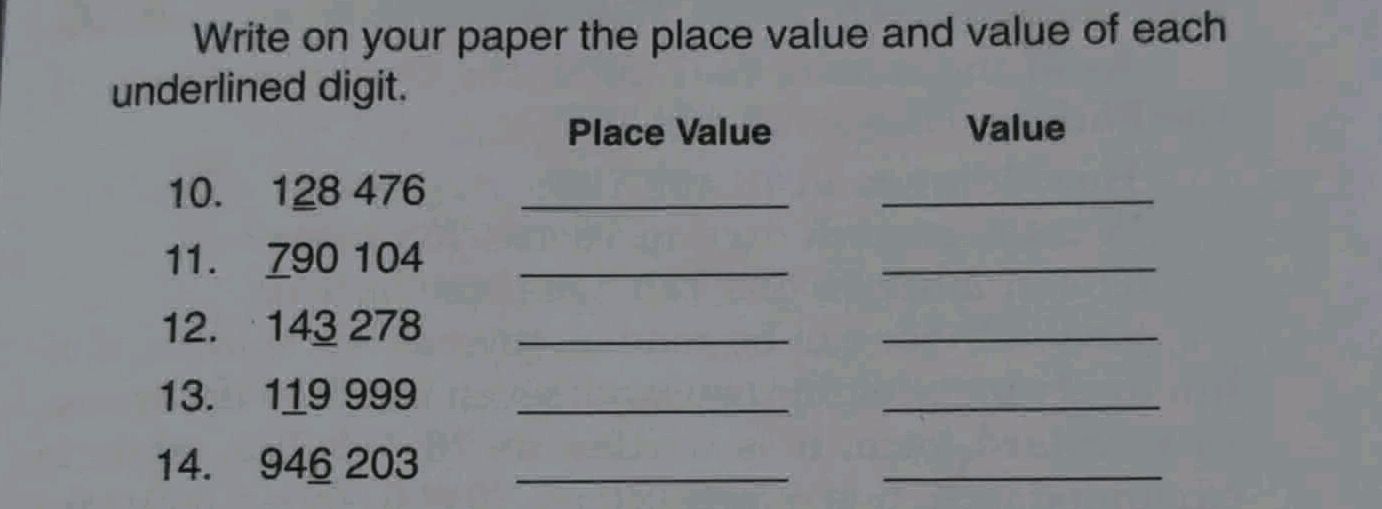Write on your paper the place value and | StudyX