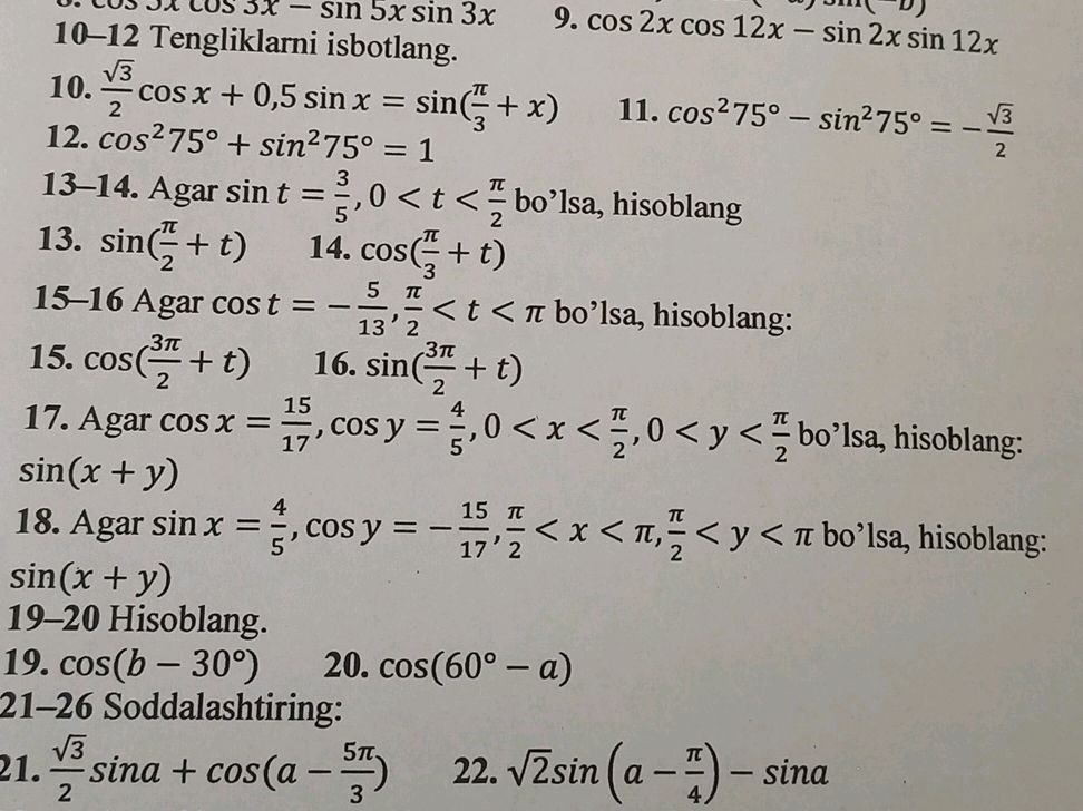 8. cos 5x cos 3x - sin 5x sin 3x 9. cos 2x | StudyX