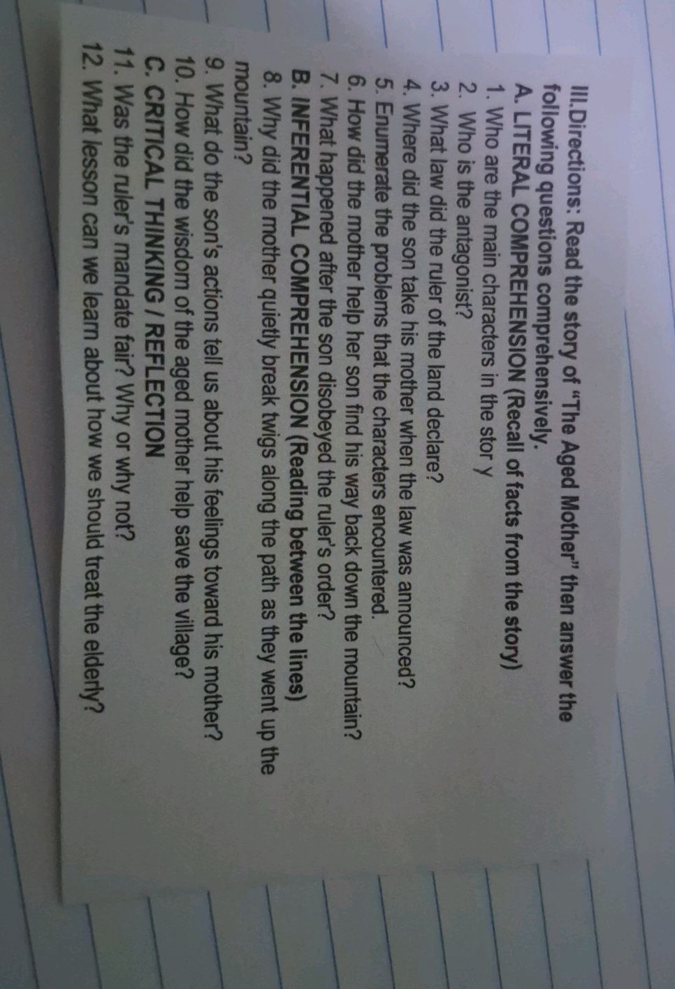 III. Directions: Read the story of "The Aged | StudyX