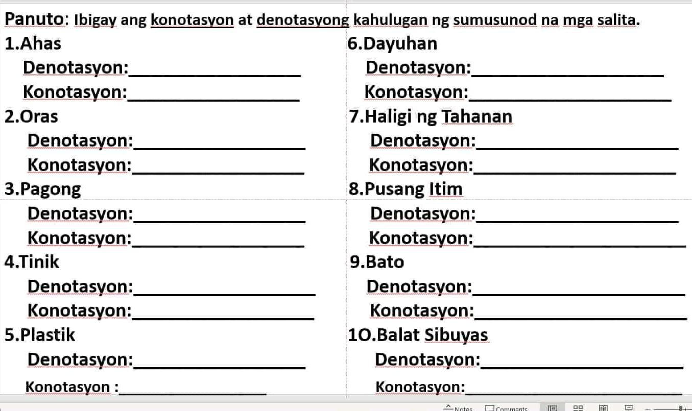 Panuto: Ibigay ang konotasyon at denotasyong | StudyX