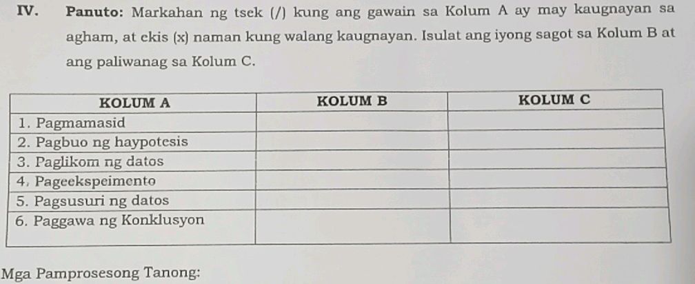 IV. Panuto: Markahan ng tsek (/) kung ang | StudyX