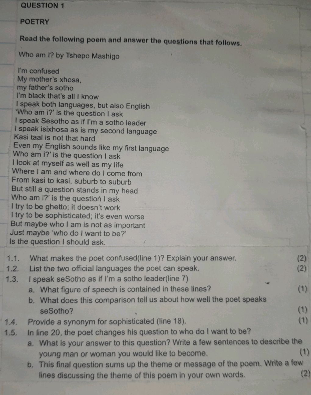 QUESTION 1 POETRY Read the following poem | StudyX