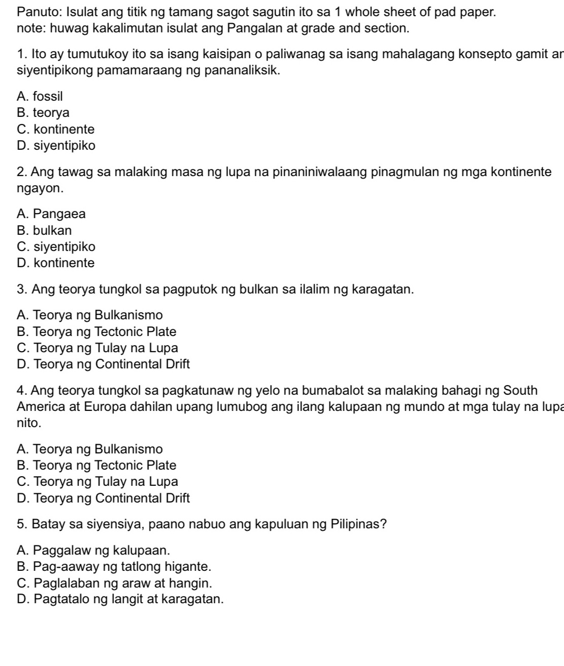 Panuto: Isulat ang titik ng tamang sagot | StudyX