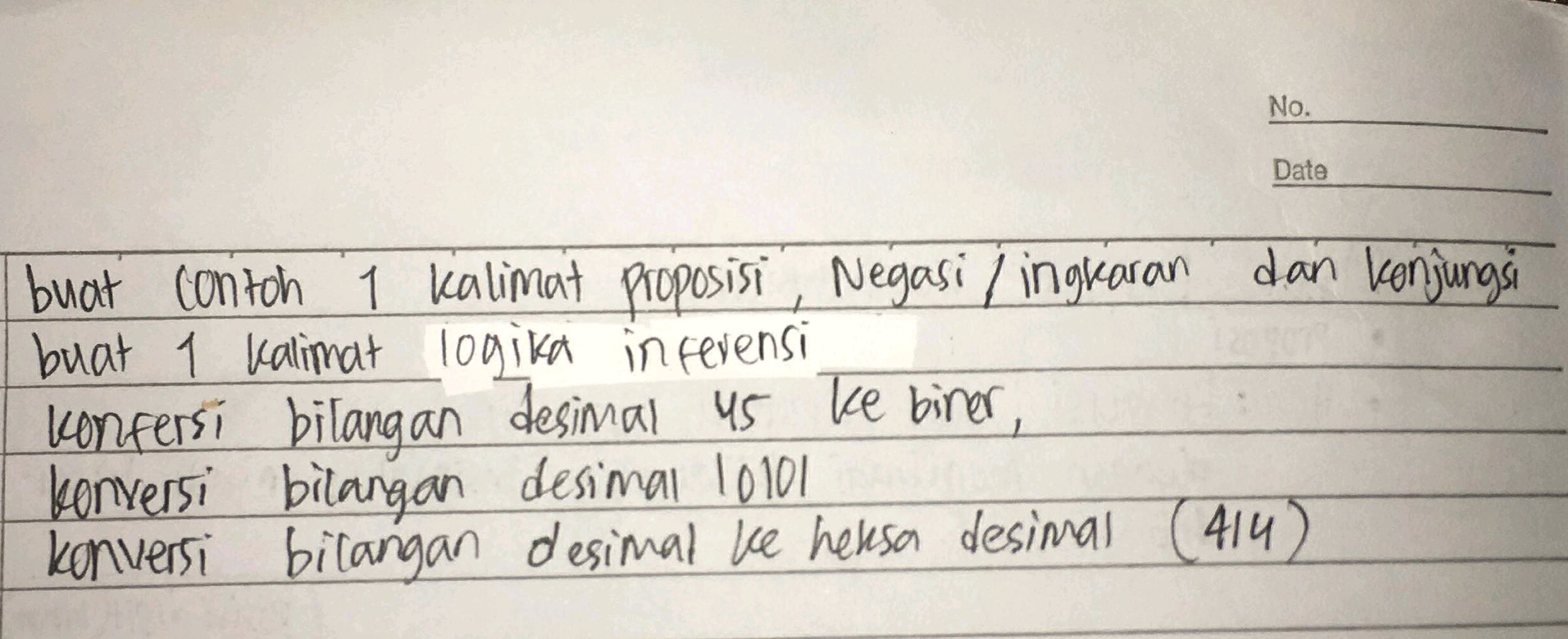 buat contoh 1 kalimat proposisi, Negasi