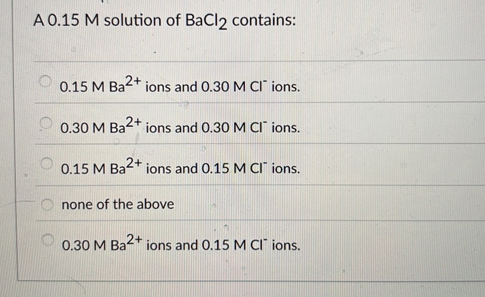 A 0.15 M solution of BaCl2 contains: 0.15 M