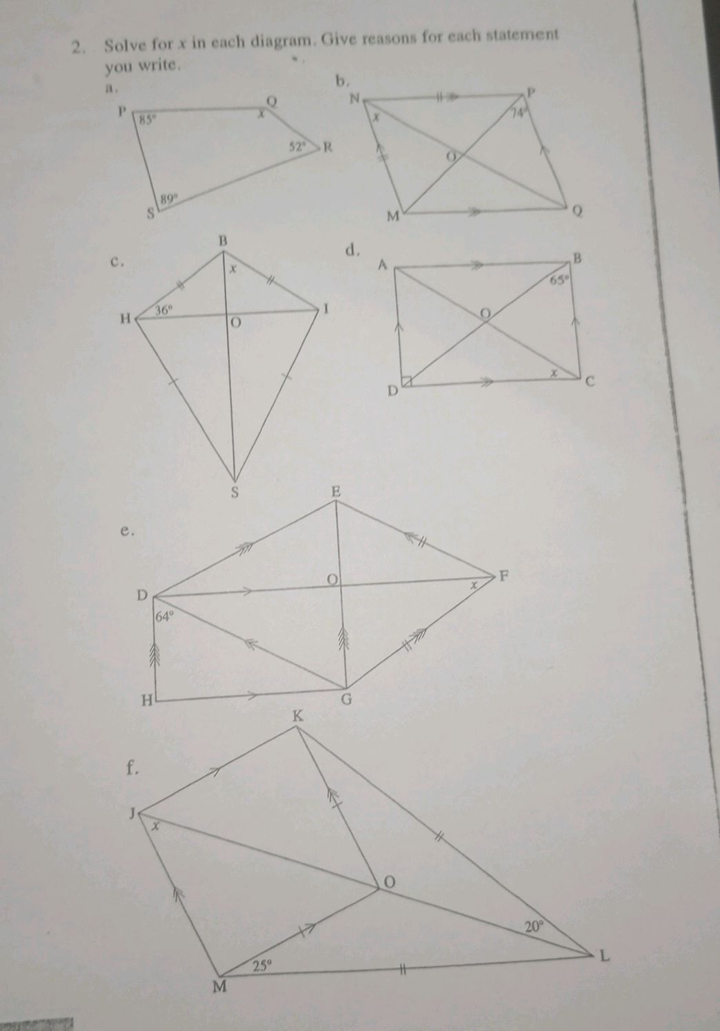 2. Solve for x in each diagram. Give reasons | StudyX