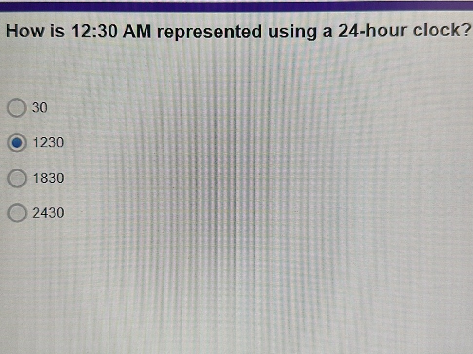 How is 12:30 AM represented using a 24-hour