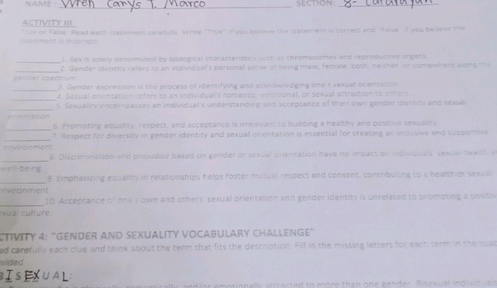 ACTIVITY III True or False. Read each | StudyX