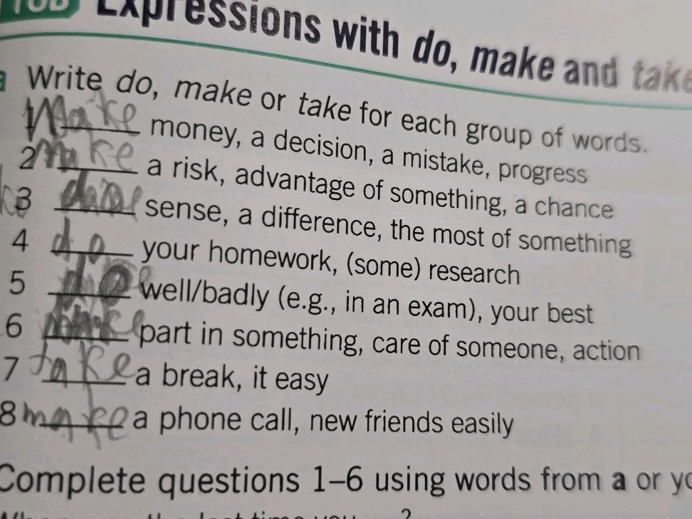 Write do, make or take for each group of | StudyX