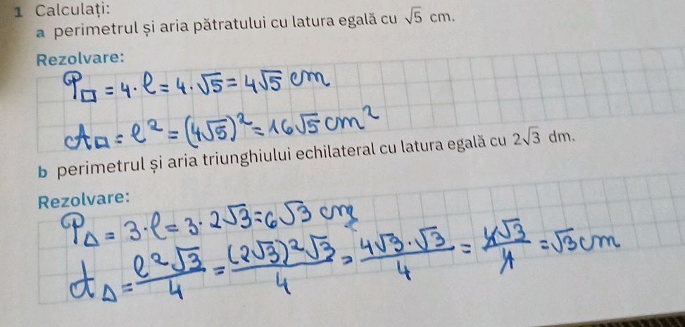 1 Calculați: a perimetrul și aria pătratului