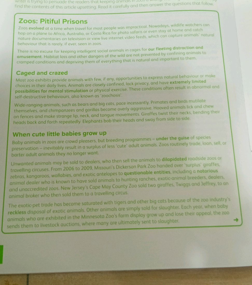 2 Why does the writer suggest zoos are no | StudyX