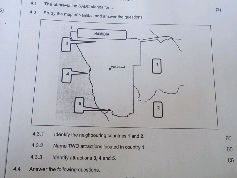 Study the map of Namibia and answer the