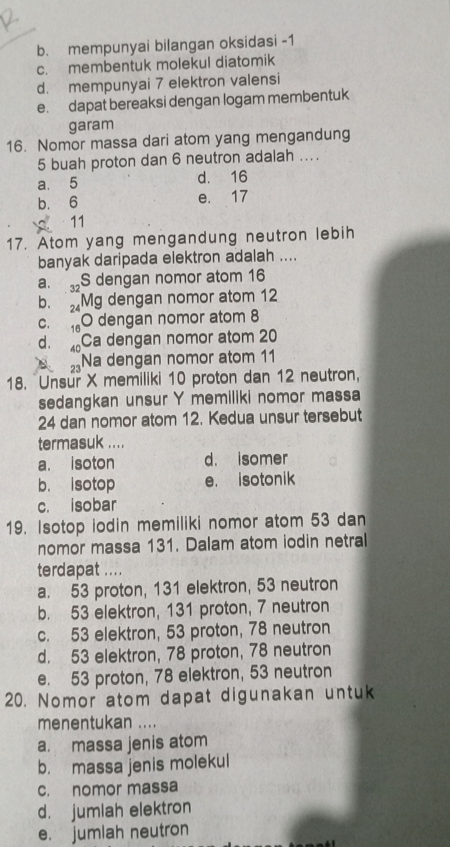 Nomor massa dari atom yang mengandung 5 buah