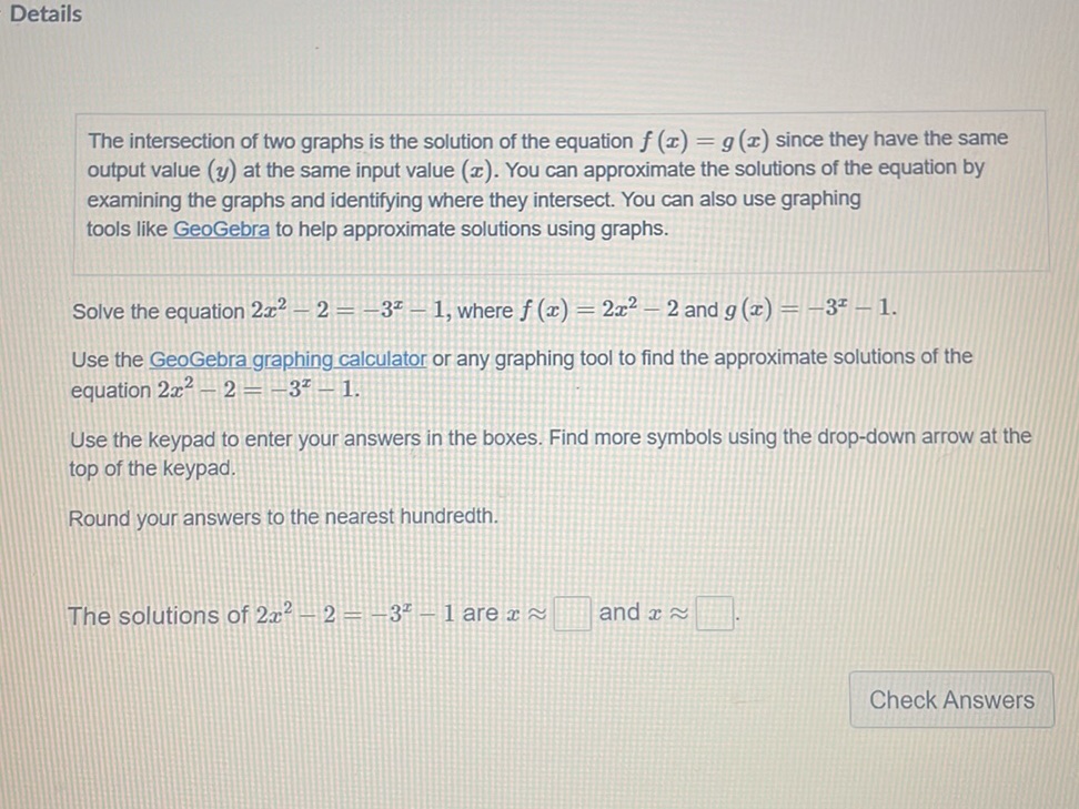 Solve the equation $2x^2 - 2 = -3^x - 1$, | StudyX