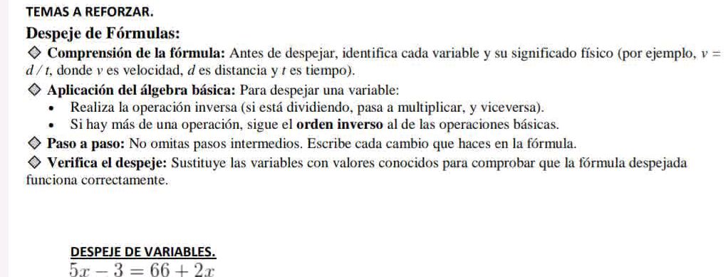 TEMAS A REFORZAR. Despeje de Fórmulas: | StudyX