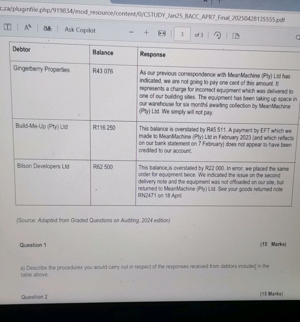Debtor | Balance | Response | | StudyX