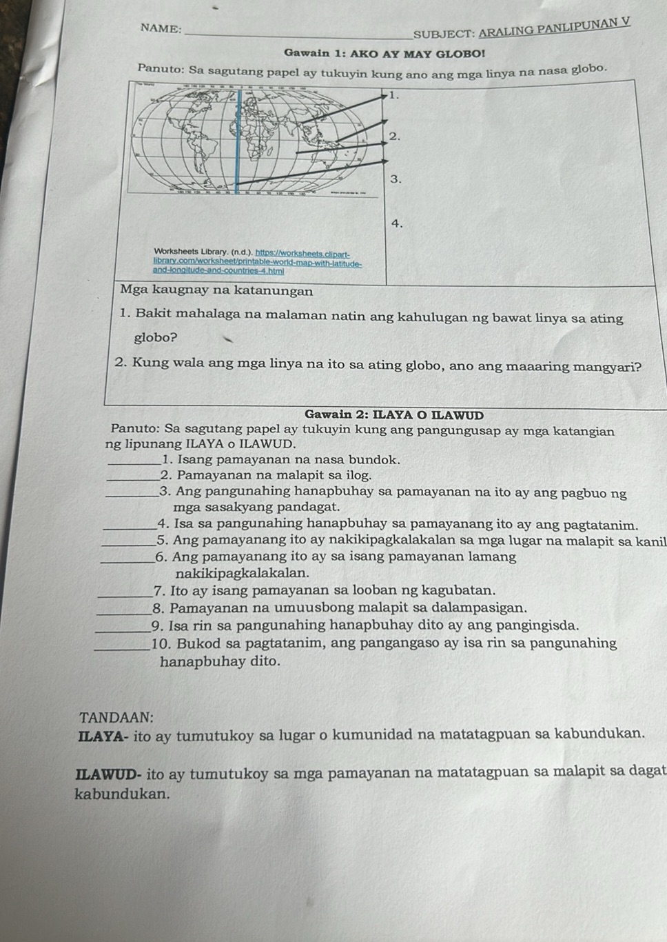 Gawain 1: AKO AY MAY GLOBO! Panuto: Sa | StudyX