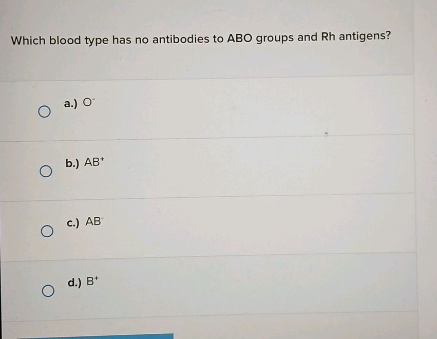 Which blood type has no antibodies to ABO | StudyX