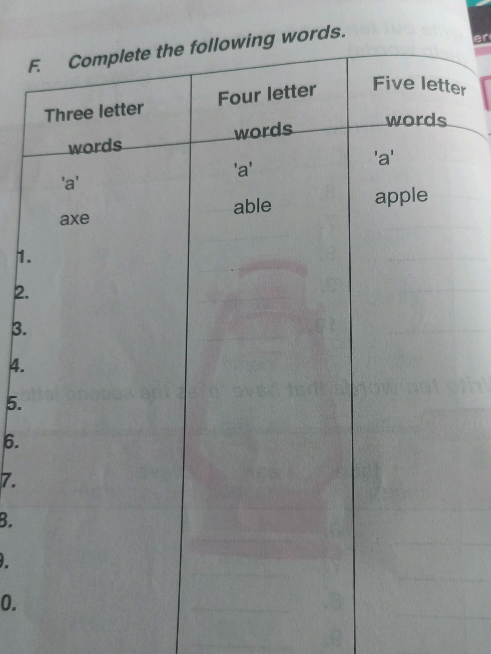 Complete the following words. | Three letter