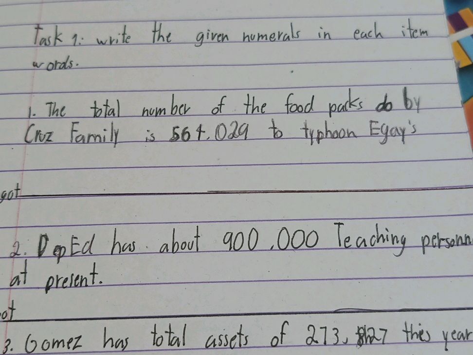 Task 1: write the given numerals in each