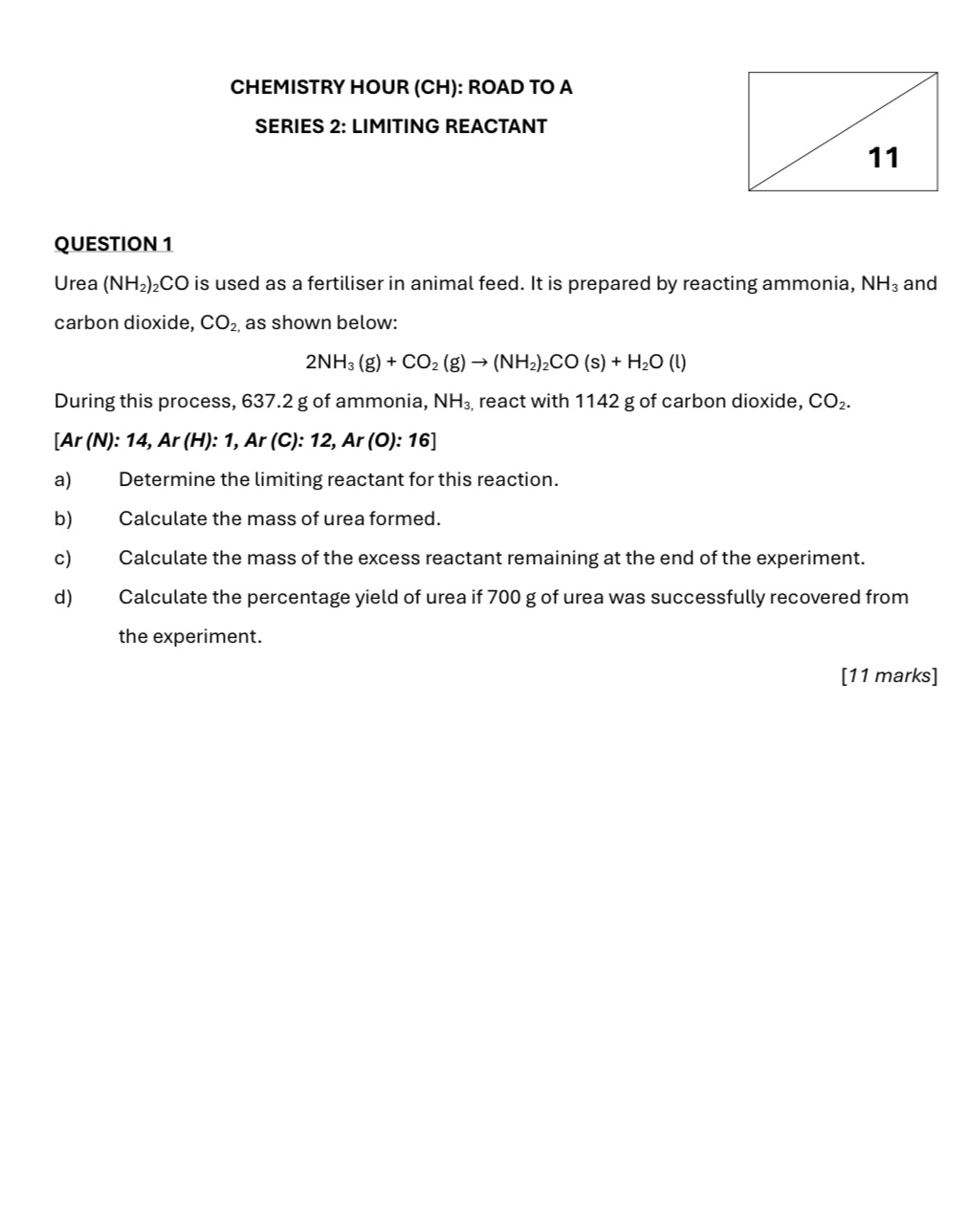 Urea $(NH2)2CO$ is used as a fertiliser in
