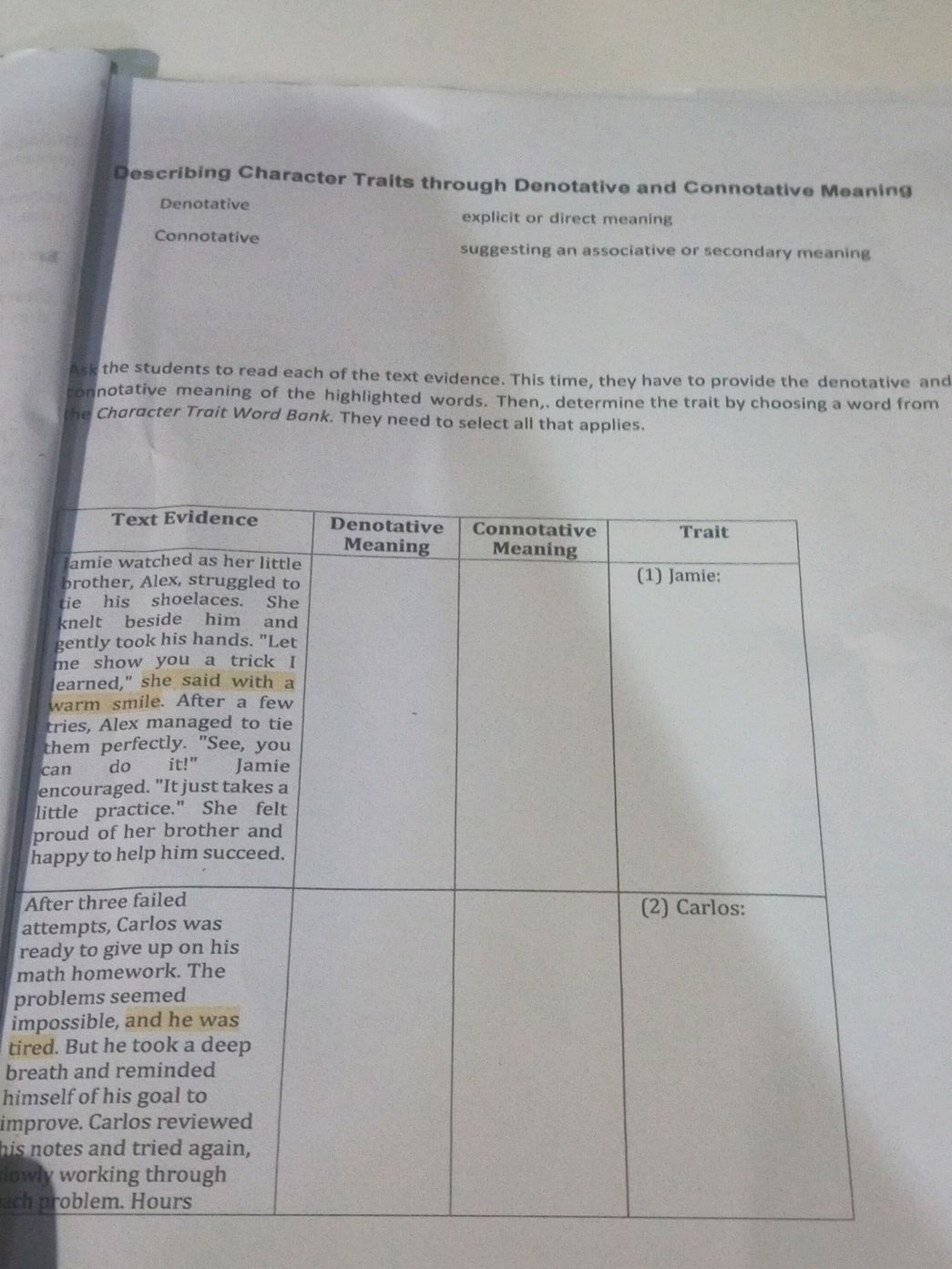 Describing Character Traits through | StudyX