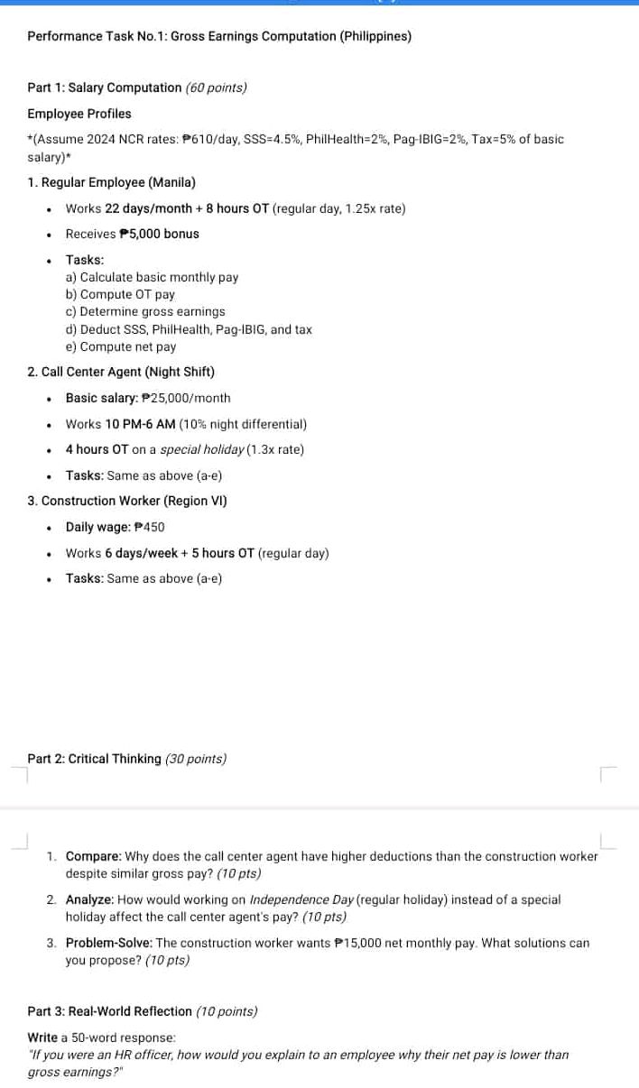 Performance Task No.1: Gross Earnings | StudyX