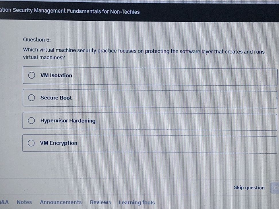 Question 5: Which virtual machine security | StudyX