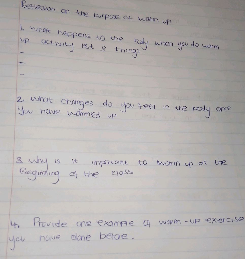 Reflection on the purpose of warm up 1. what