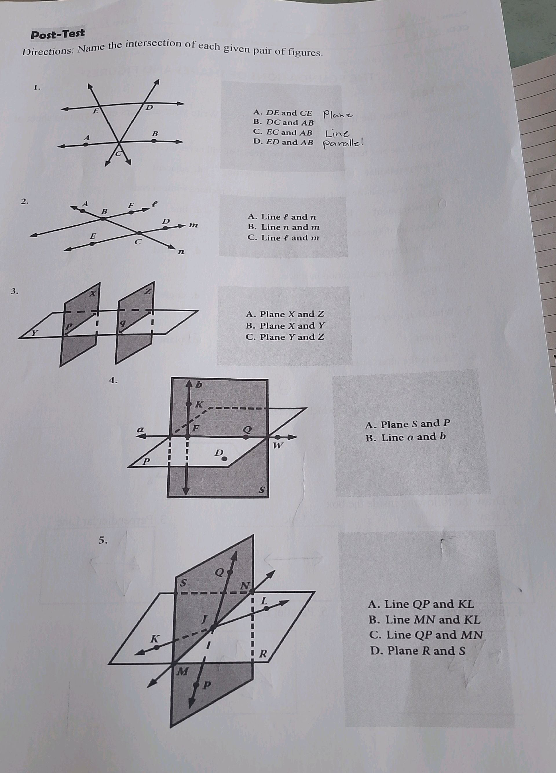 Directions: Name the intersection of each | StudyX