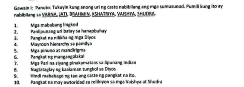 Gawain I: Panuto: Tukuyin kung anong uri ng | StudyX