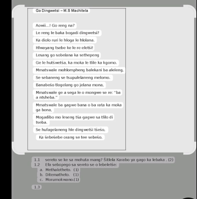 1.1 sereto se ke sa mohuta mang? Šitlela | StudyX