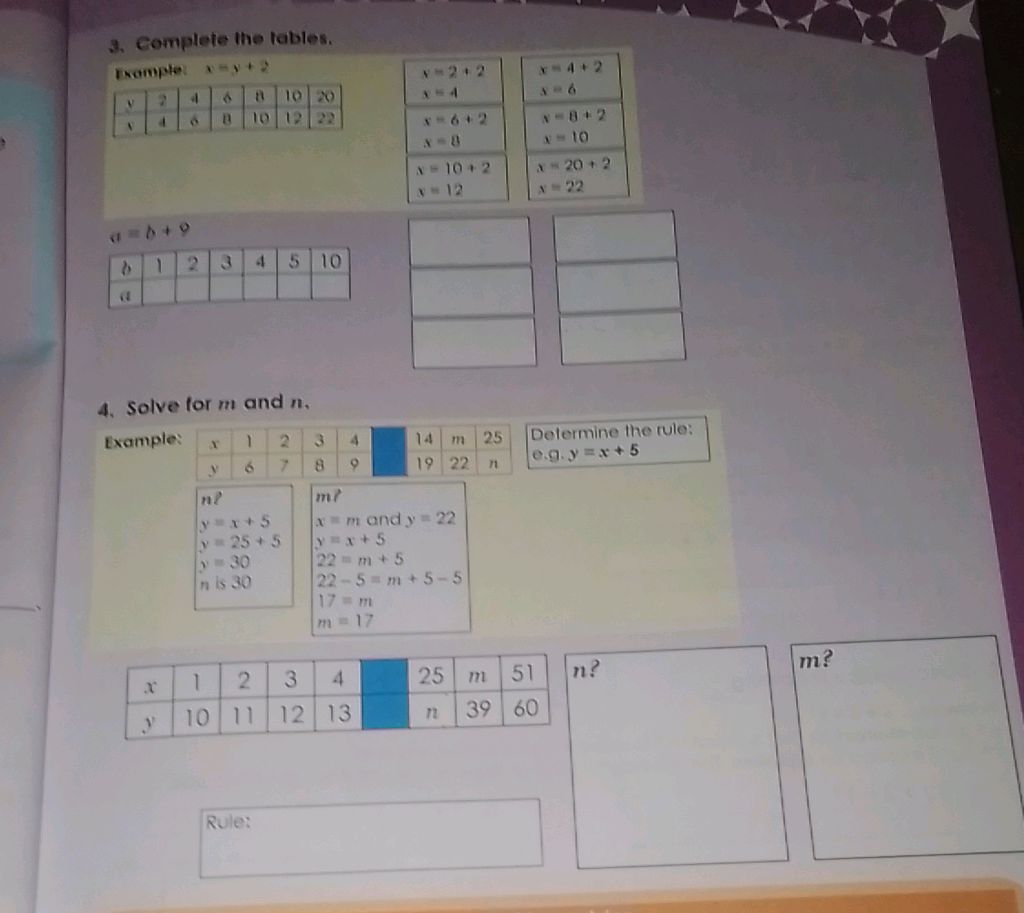 3. Complete the tables. Example: x = y + 2 | StudyX