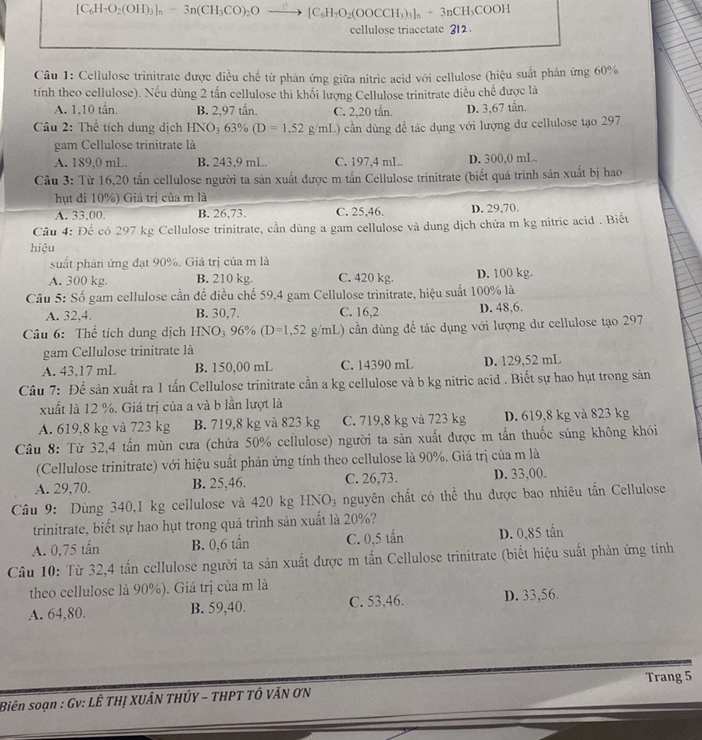 Câu 1: Cellulose trinitrate được điều chế từ | StudyX