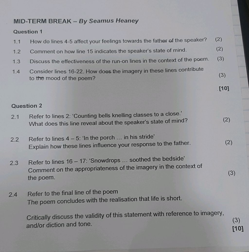 MID-TERM BREAK - By Seamus Heaney Question | StudyX
