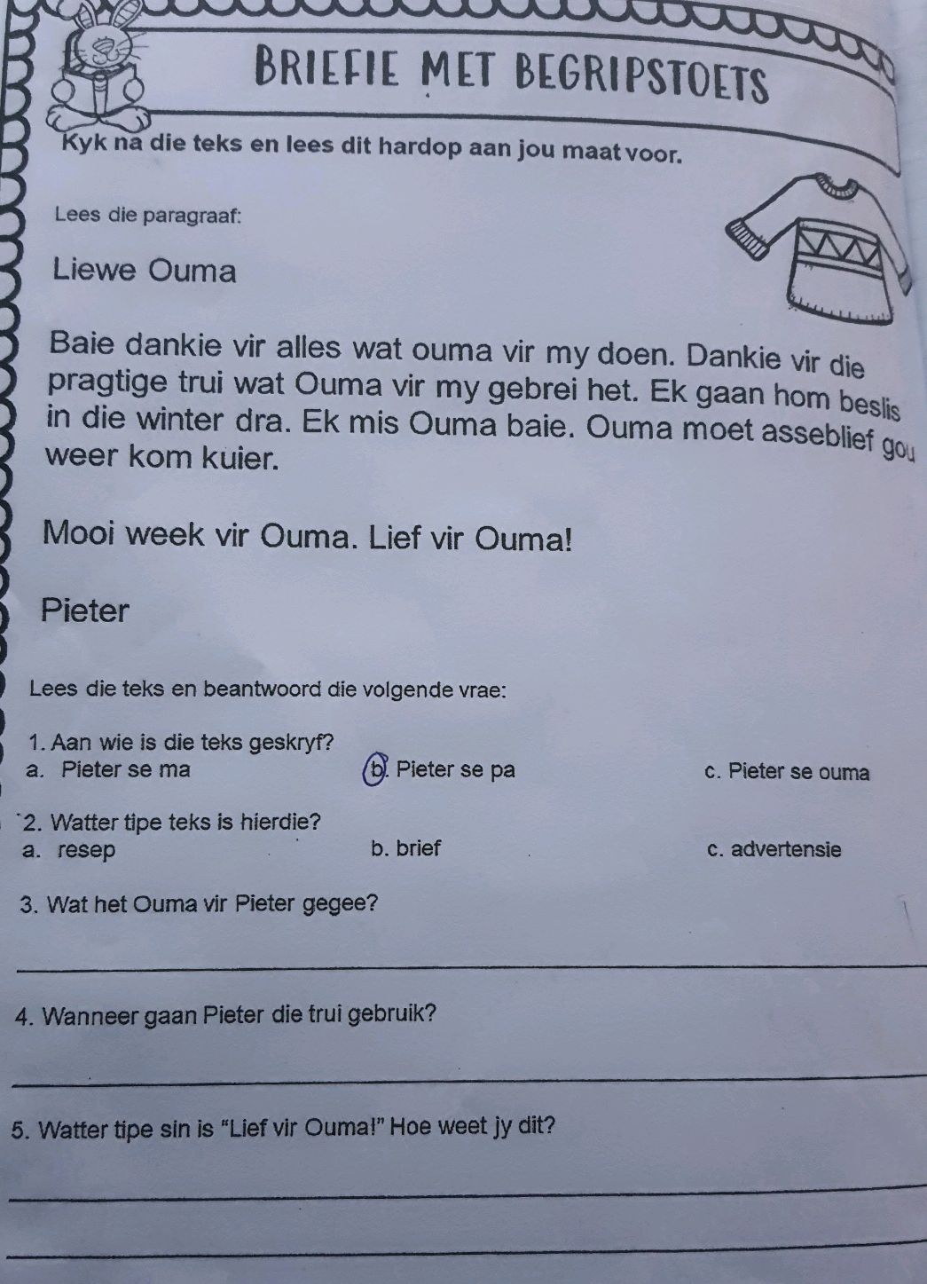 Lees die paragraaf: Liewe Ouma Baie dankie | StudyX